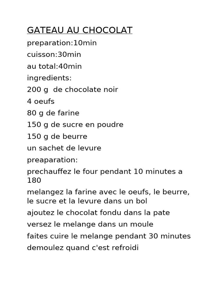 Gateau Au Chocolat | PDF | Gastronomie | Desserts