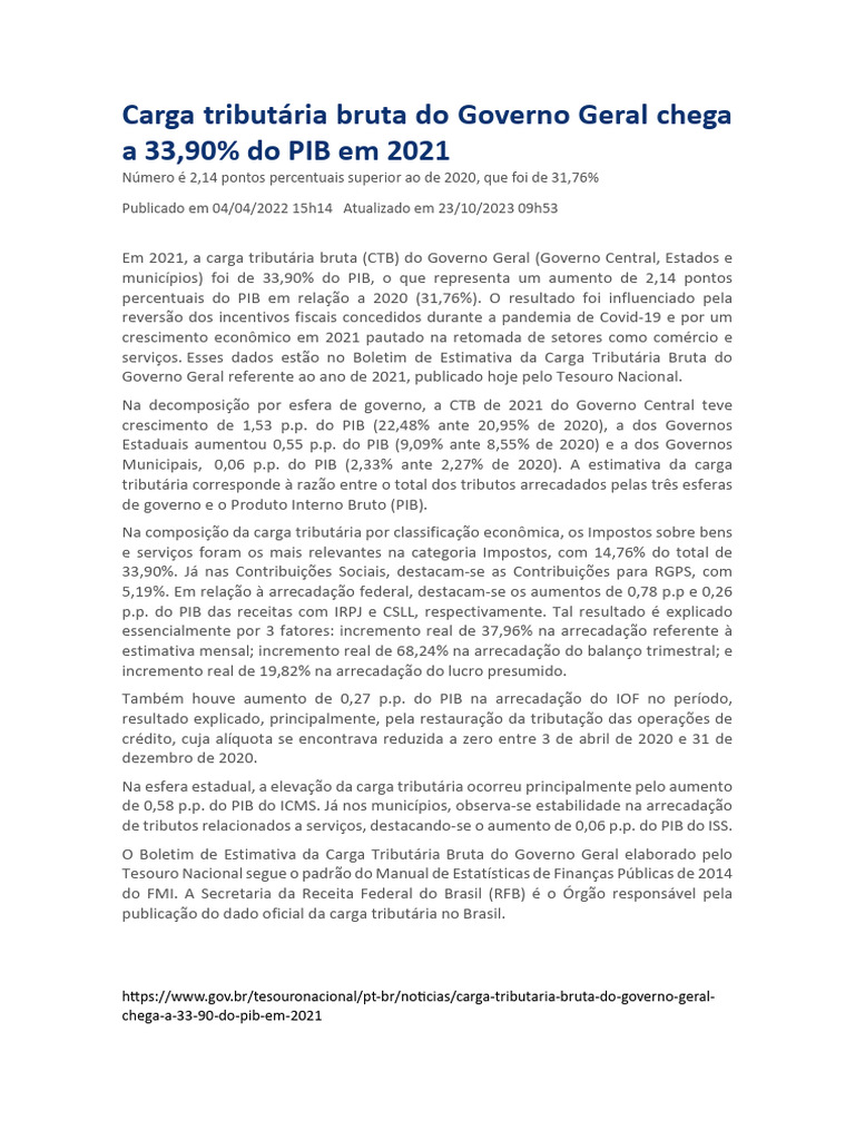 Carga Tributária Bruta Do Governo Geral Chega a 33,90% Do PIB Em 2021 ...