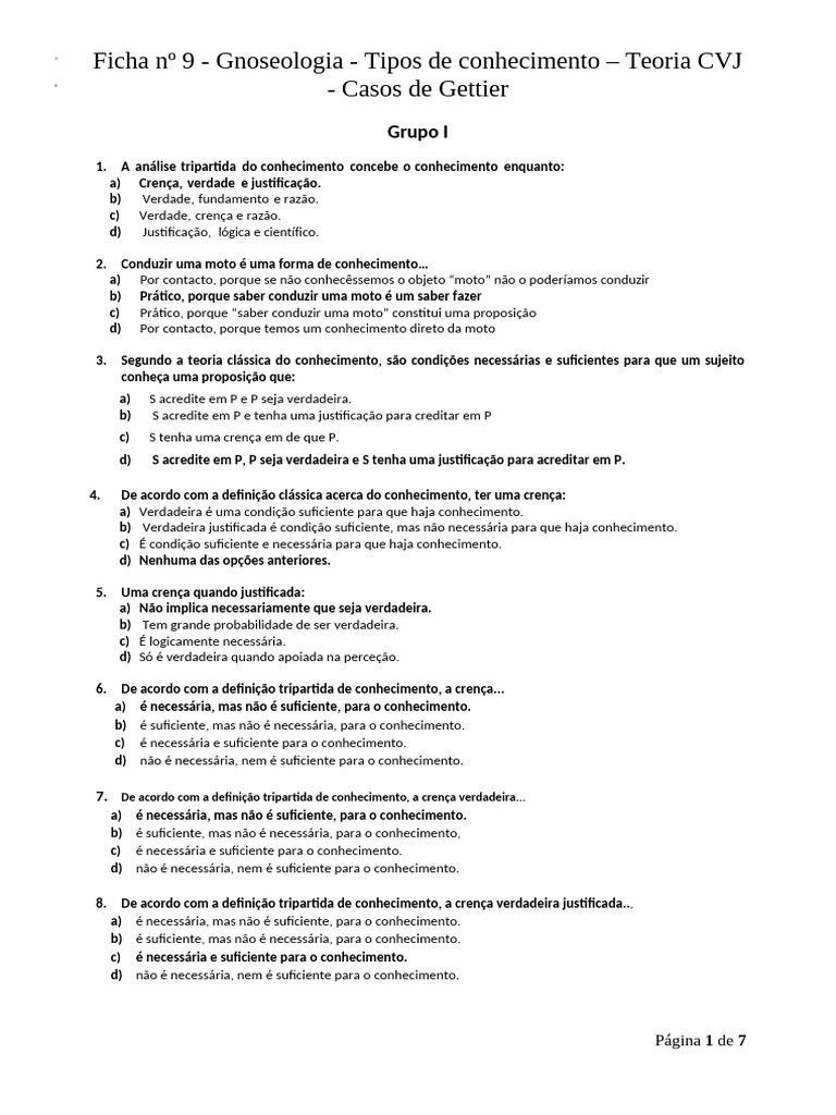 Ficha - Gnoseologia - Tipos de Conhecimento - TeoriaCVJ - Casos de Gettier Corrigida | PDF ...