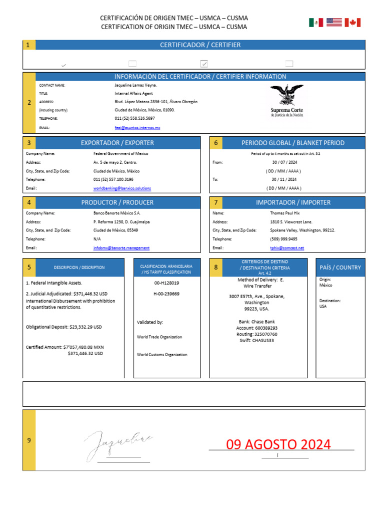 Certificacion de Origen TMEC-300724301124 | PDF