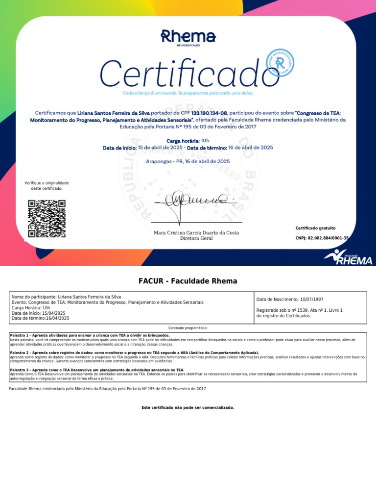 Certificado Congresso de TEA - Monitoramento Do Progresso, Planejamento e Atividades Sensoriais ...