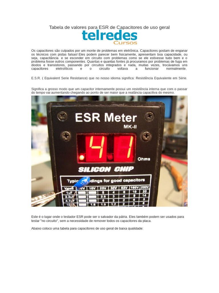 Tabela de Valores para ESR de Capacitores de Uso Geral | PDF ...