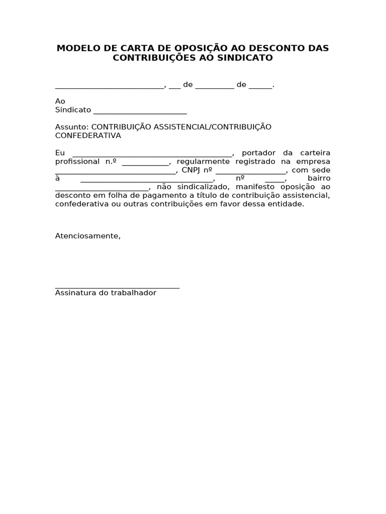 Modelo de Carta de Oposição Ao Desconto Das Contribuições Ao Sindicato ...