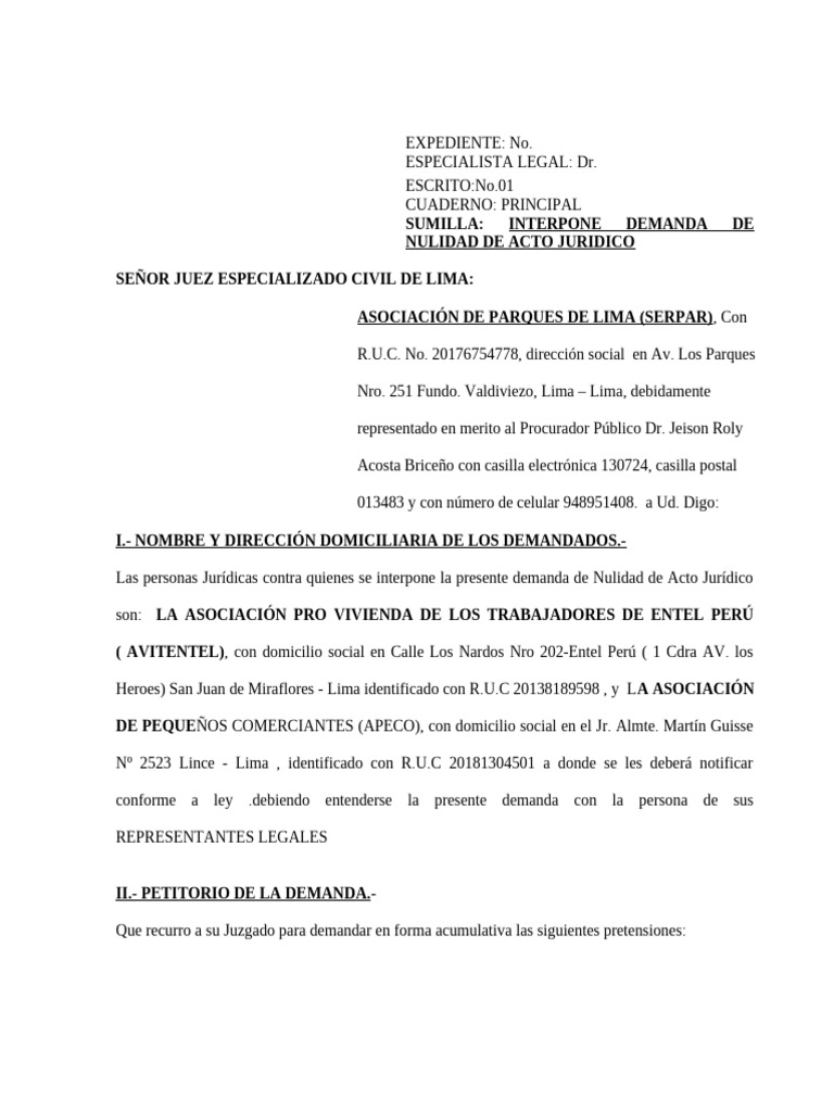 Demanda Procesal Civil | PDF | Ley procesal | Nulo (ley)