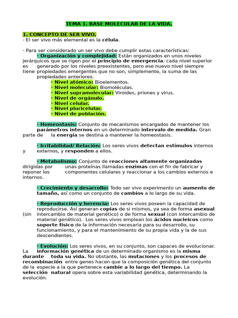Tema 1. Base Molecular de La Vida. | PDF