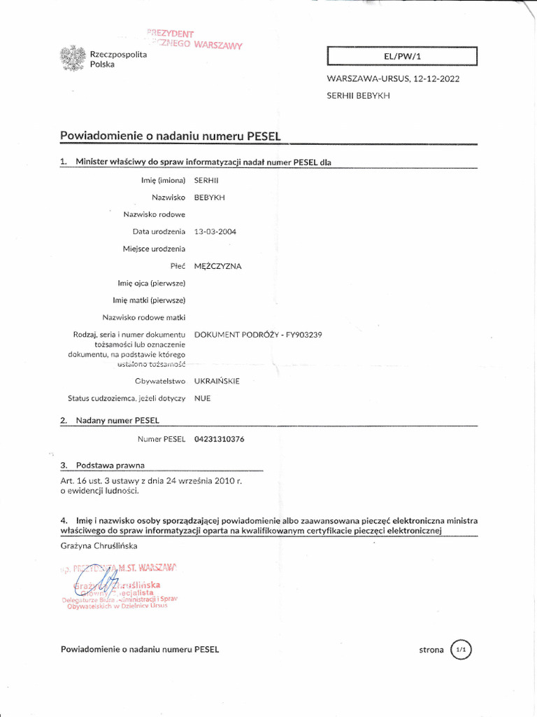 Pesel Bebykh Serhii | PDF