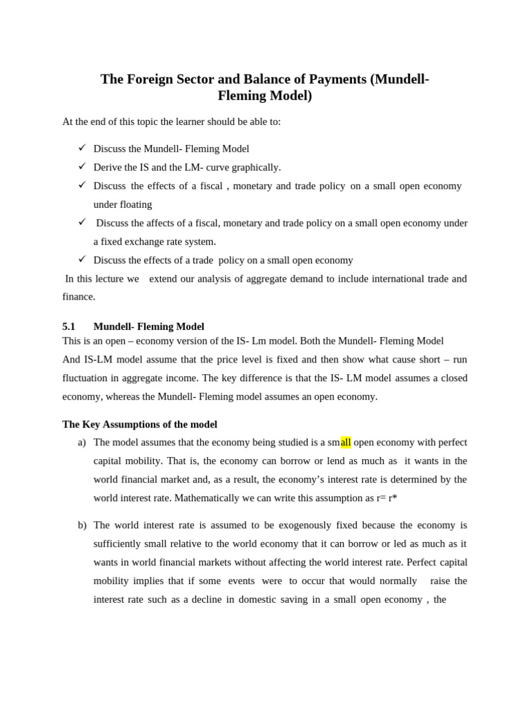 Mundell-Fleming Model Overview | PDF | Demand For Money | Fiscal Policy