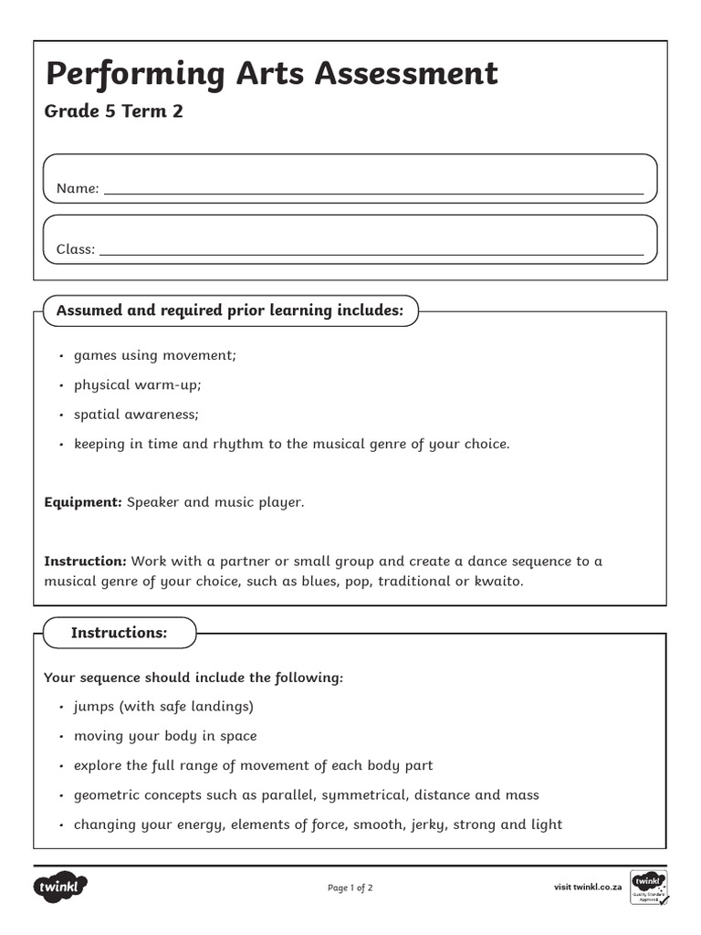 Grade 5 Creative Arts Performing Arts Term 2 Assessment (BW) | PDF | Space