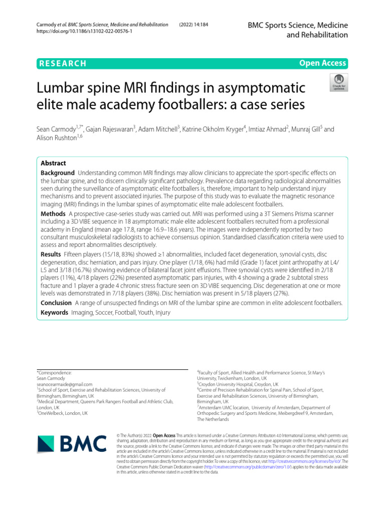 Lumbar Spine MRI Findings in Asymptomatic Elite Male Academy ...