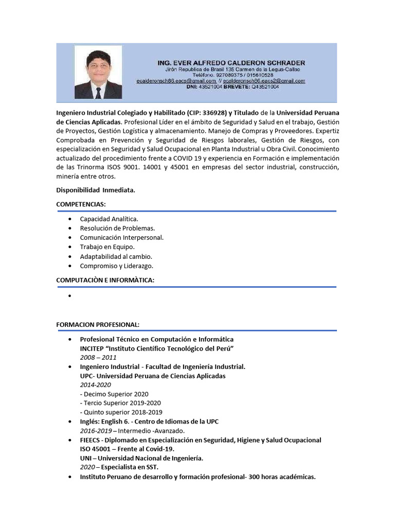 CV Ever C Schrader 2025 | PDF | Seguridad y salud ocupacional | Ciencias de la Computación