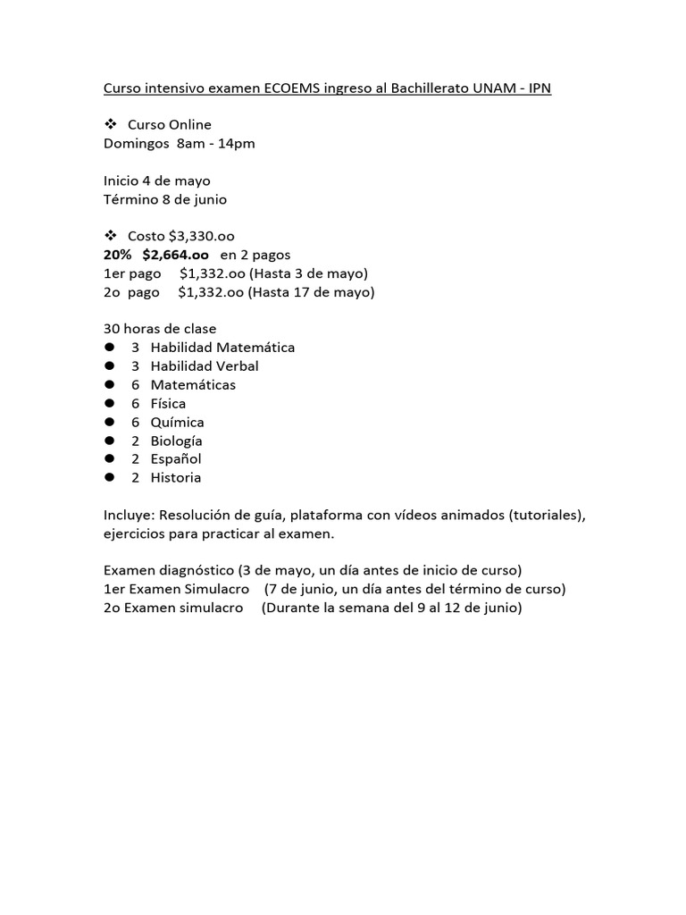 Curso Intensivo Examen ECOEMS Ingreso Al Bachiller | PDF