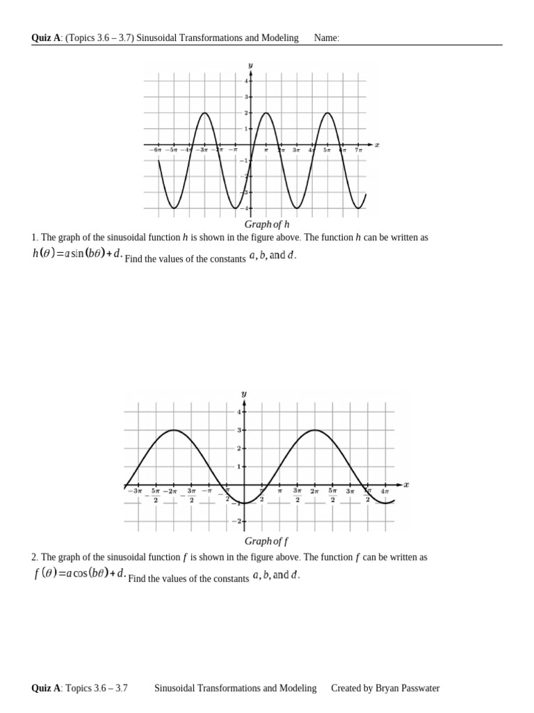 Quiz A Topics 3 6 3 7 Sinusoidal Transformations And Modeling Pdf Cartesian Coordinate