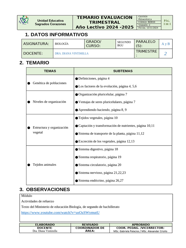 Temarios para Evaluaciones Trimestrales 2do II T | PDF | Anatomía | Ciencias de la vida