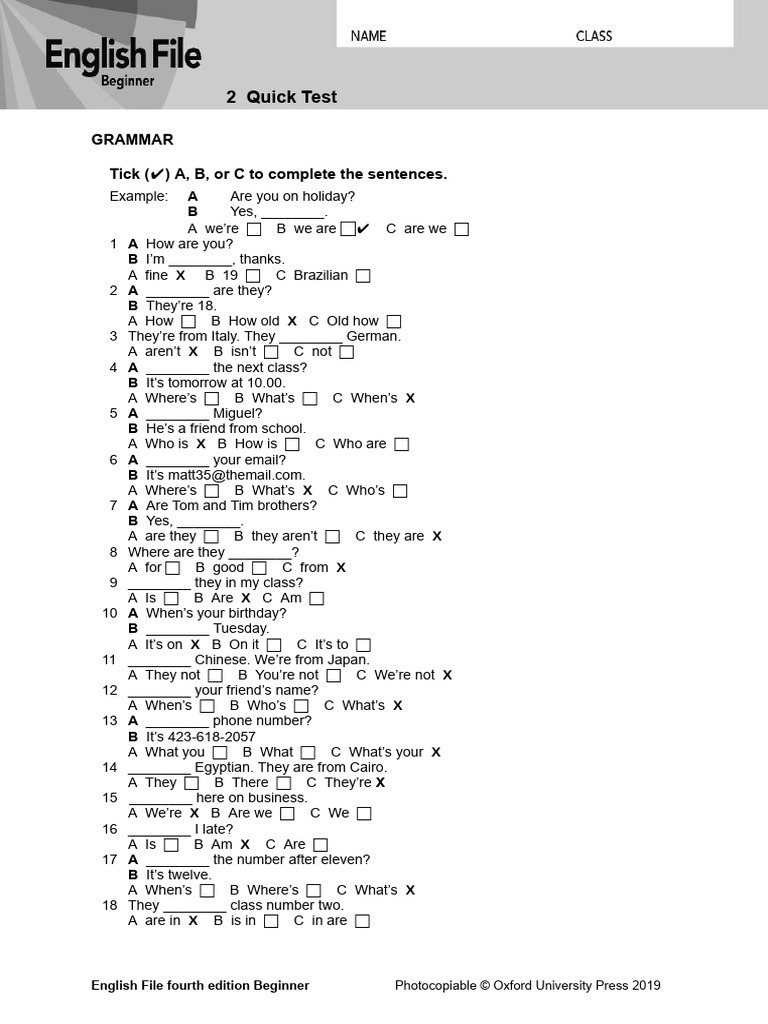 EF4e Beg Quicktest 02.Docx 2 | PDF | English Language | Linguistics