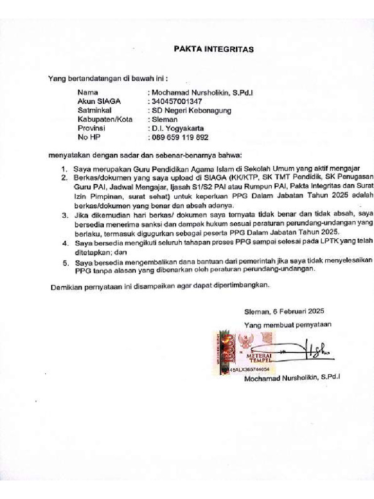 Pakta Integritas PPG PAI..2025 - 1 | PDF