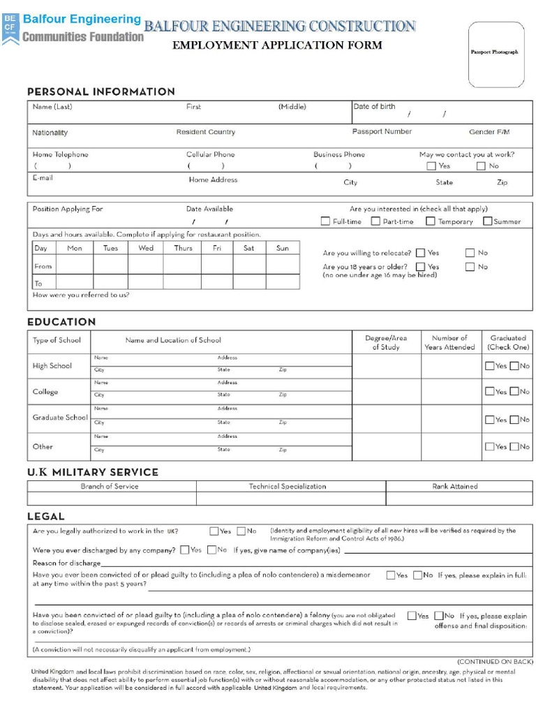 Balfour Employment Form | PDF