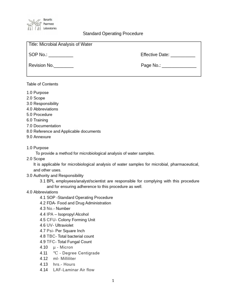 SOP Water Analysis Microbial BPL | PDF | Colony Forming Unit | Sterilization (Microbiology)