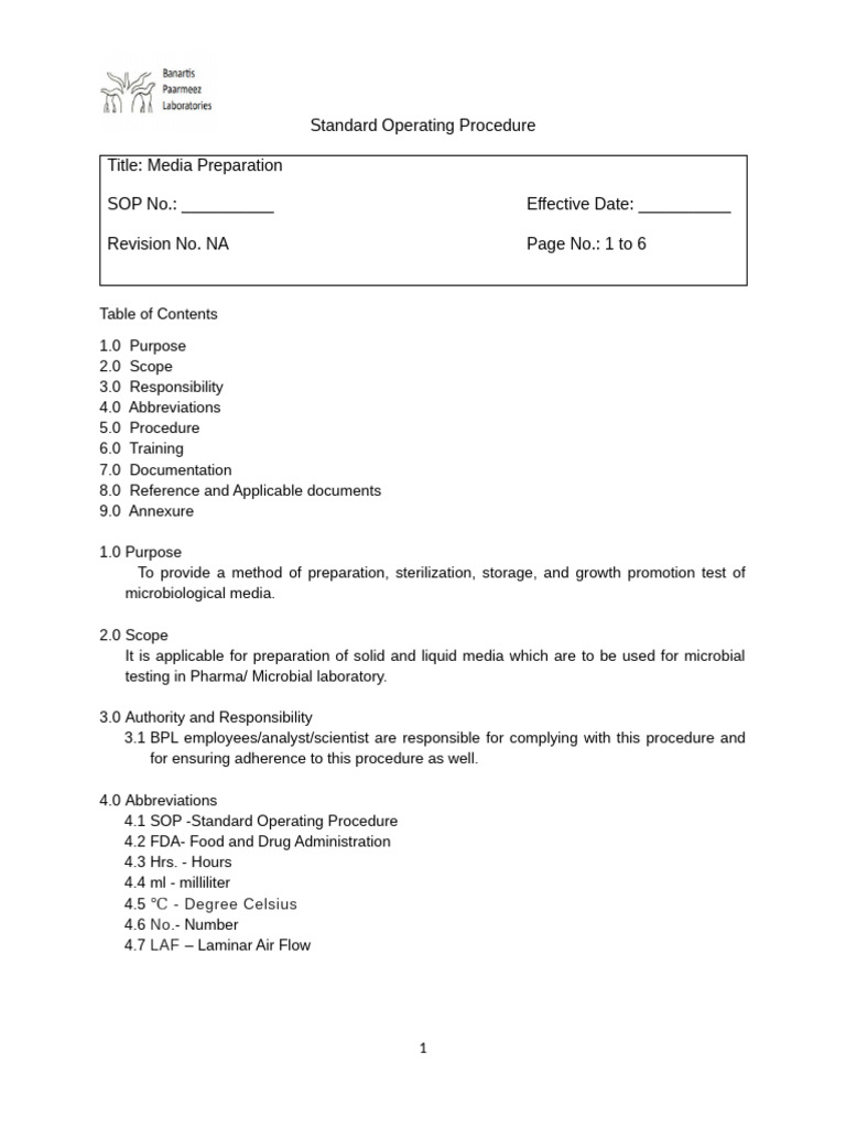 Media Preparation SOP for Microbiology | PDF | Sterilization ...
