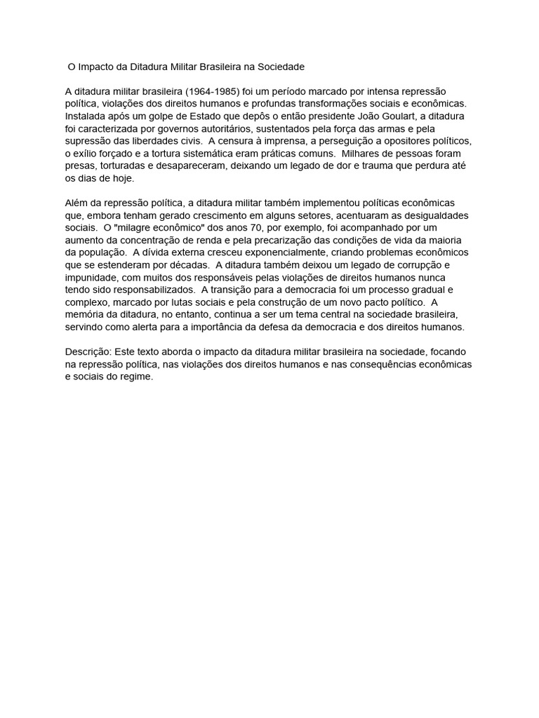 O Impacto da Ditadura Militar Brasileira na Sociedade | PDF