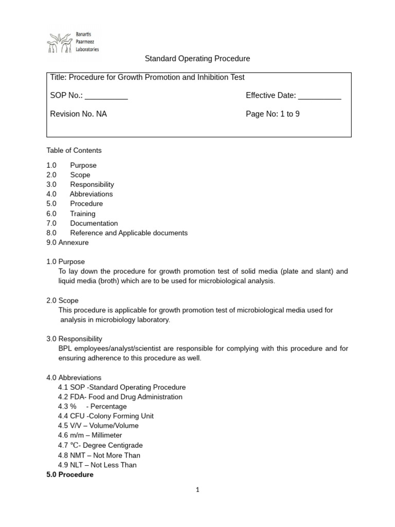 Growth Promotion Test SOP | PDF | Growth Medium | Colony Forming Unit