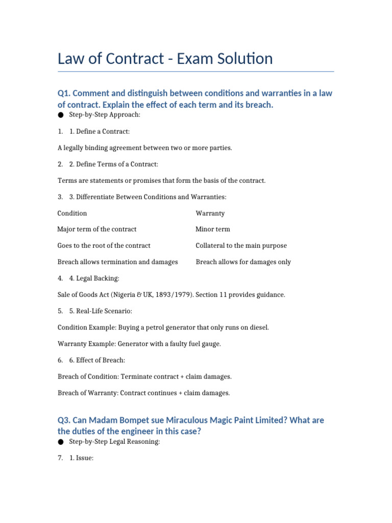 Law of Contract Exam Solution | PDF