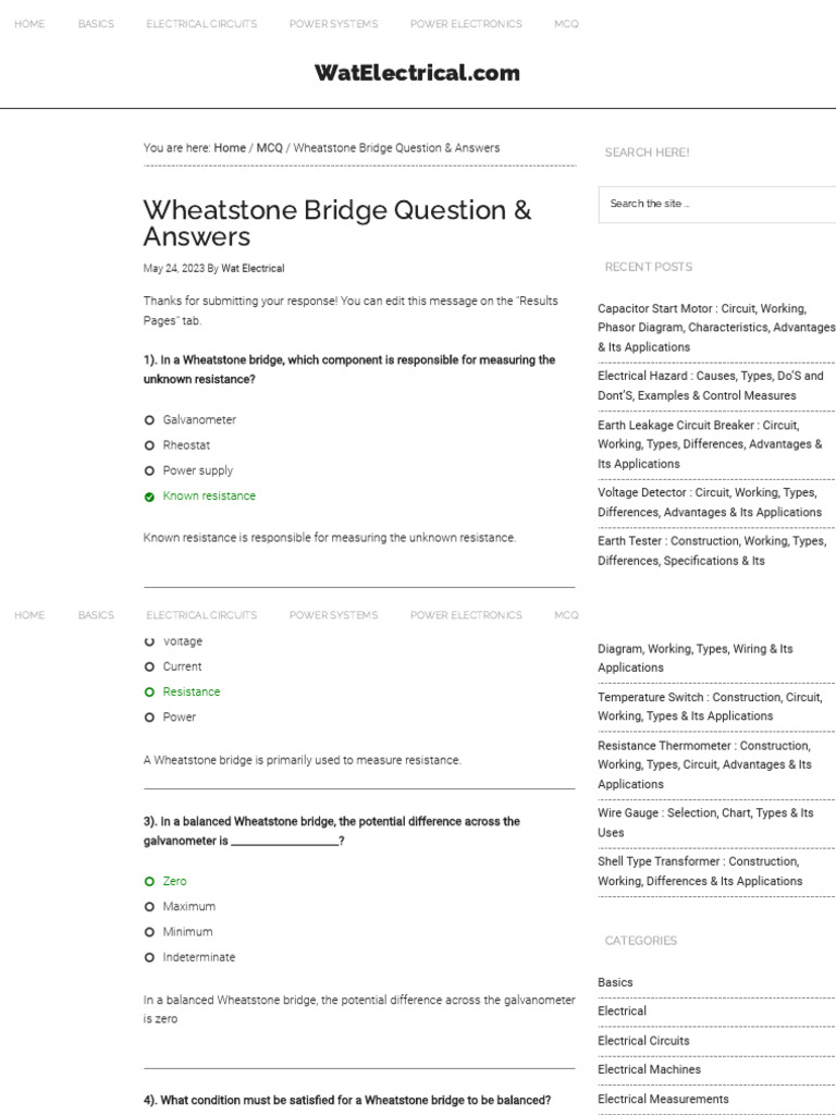 50 Wheatstone Bridge Multiple Choice Questions With Answers | PDF ...
