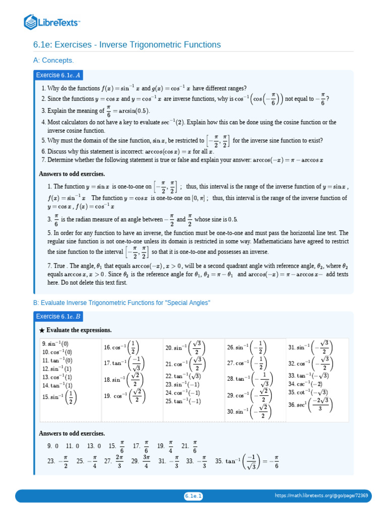 6.1e Exercises - Inverse Trigonometric Functions | PDF | Trigonometric ...