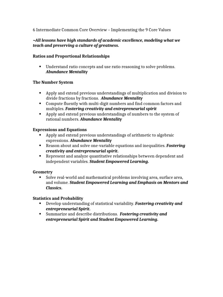 Core Values in Intermediate Math Education | PDF