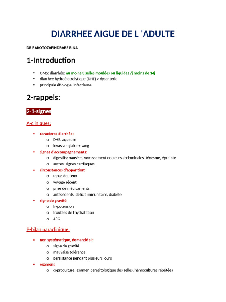 Diarrhée Aiguë de l'Adulte : Guide Complet | PDF | Diarrhée | Médecine