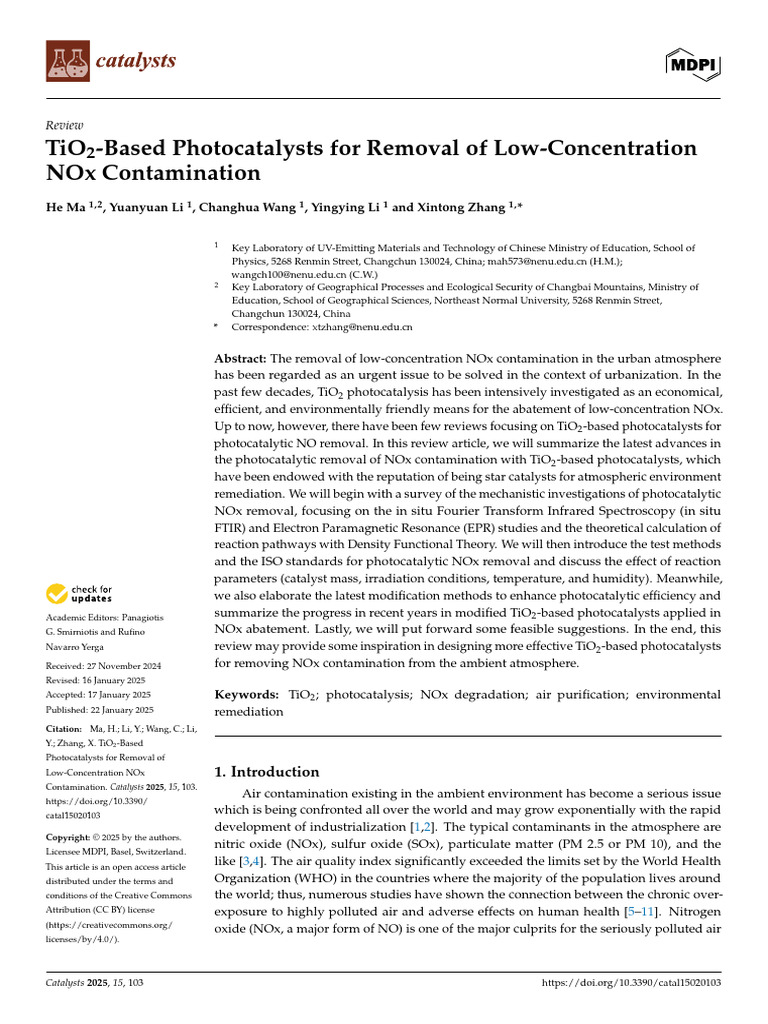 TiO2-Based Photocatalysts For Removal of Low-Concentration NOxContamination | PDF | Catalysis ...