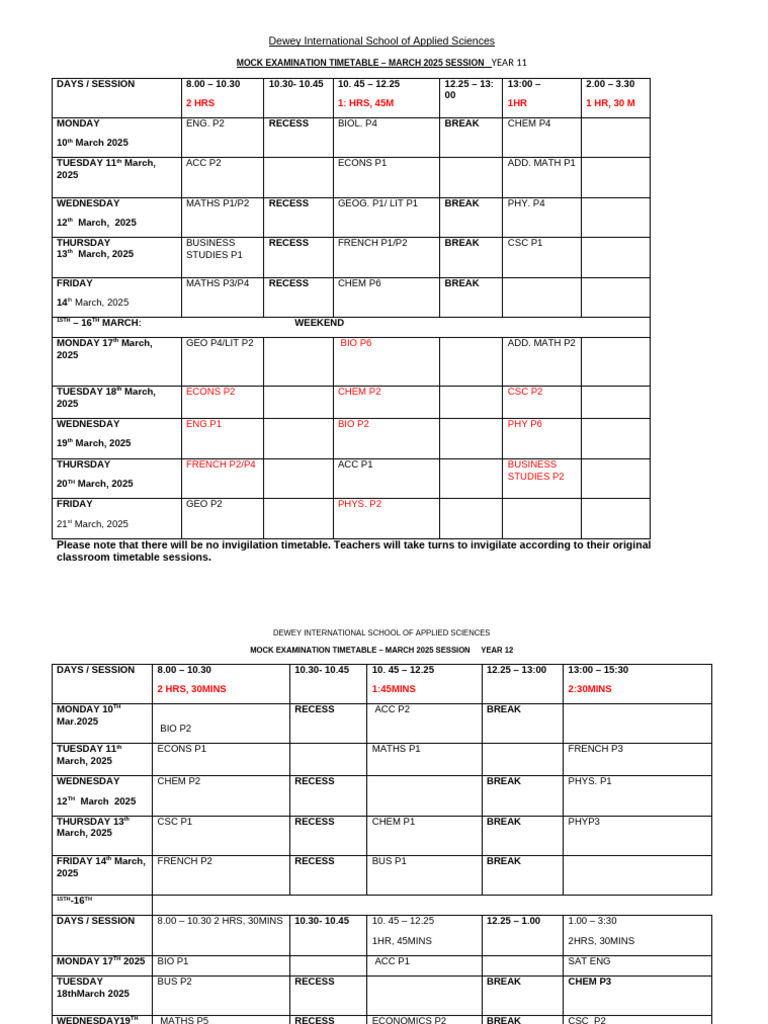 Mock Time Table March 2025 | PDF