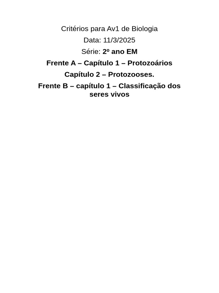 Critérios para Av1 de Biologia 2º Ano EM - 11-3-2025 | PDF
