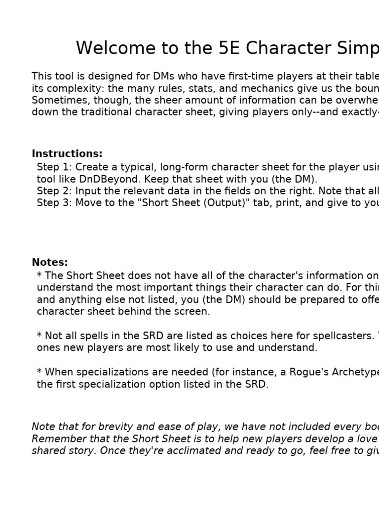 4256207-5E Simple Character Sheet Creator v1.1 | PDF