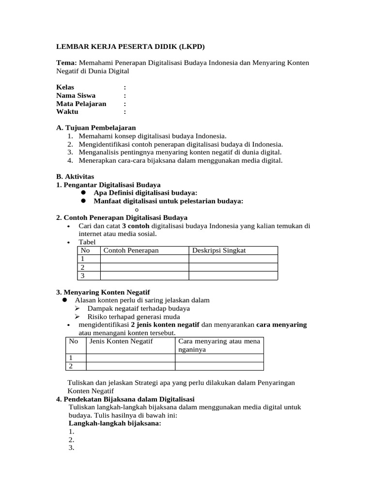 LKPD Penerapan Digialisasi Budaya Indonesia | PDF