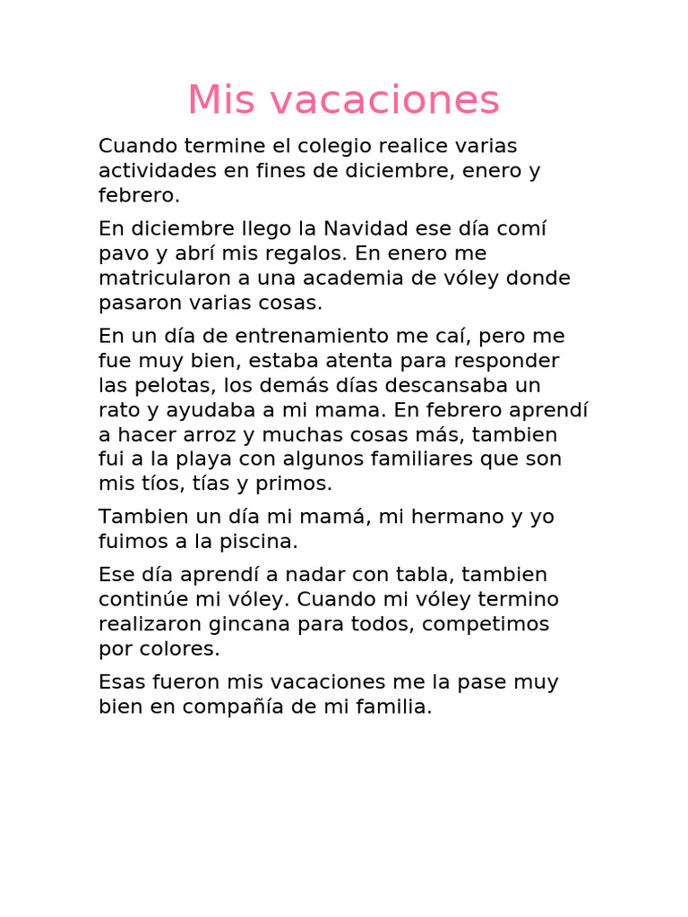 Mis vacaciones: actividades y aprendizajes | PDF
