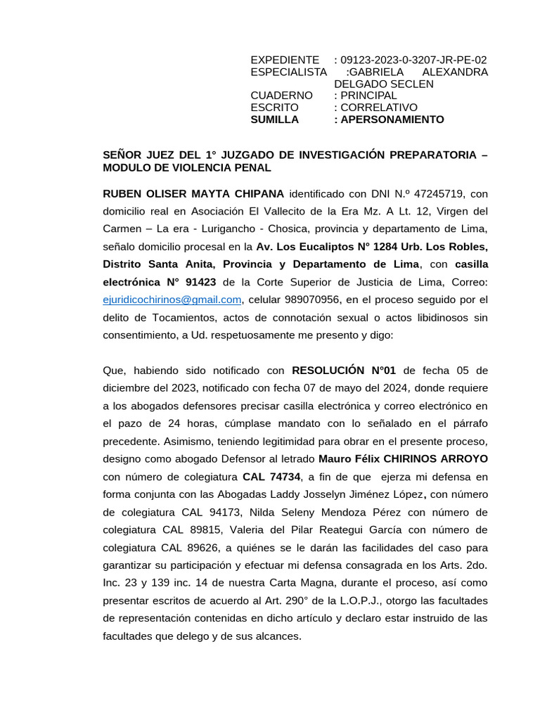 Apersonamiento Juzgado Ruben Oliser Mayta Chipana | PDF