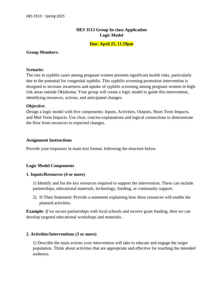 HES 3513 In-Class Application - Logic Model Spring 2025-1 | PDF ...