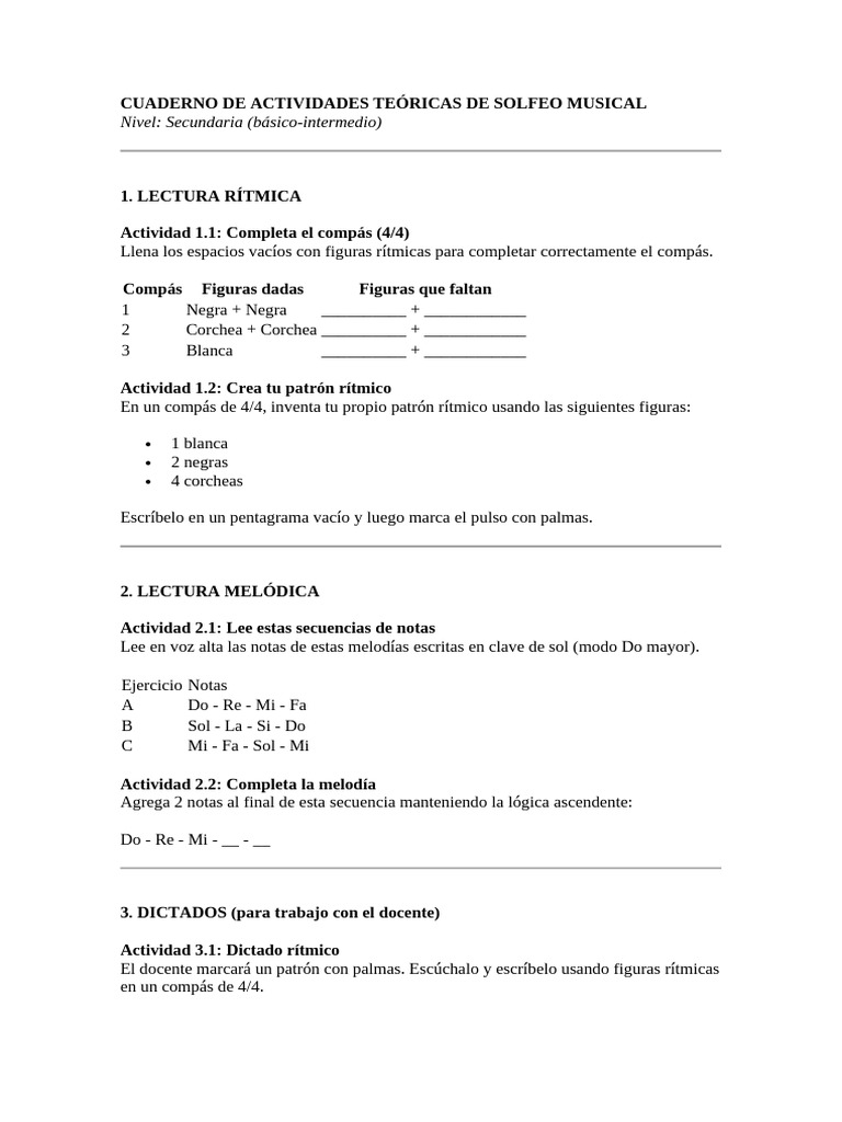 Cuaderno de Actividades Teóricas de Solfeo Musical | PDF