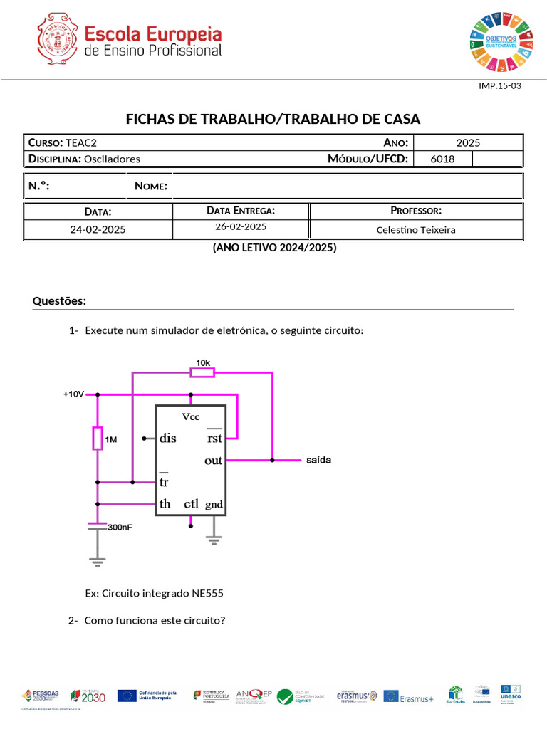 14 - IMP.15-03 - Ficha - Trabalho - Trabalho 2TEAC 23012025 Oscilador de Onda Quadrada | PDF