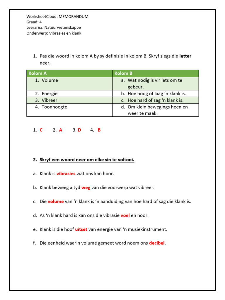 WSC Gr4 Natuurwetenskappe Vibrasies en Klank ws1 Memo1 | PDF