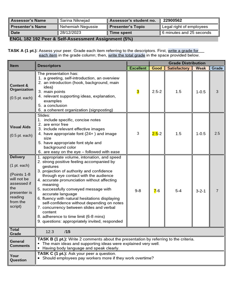 ENGL 182 192 Peer and Self Assessment Assignment - 5 Pts | PDF ...