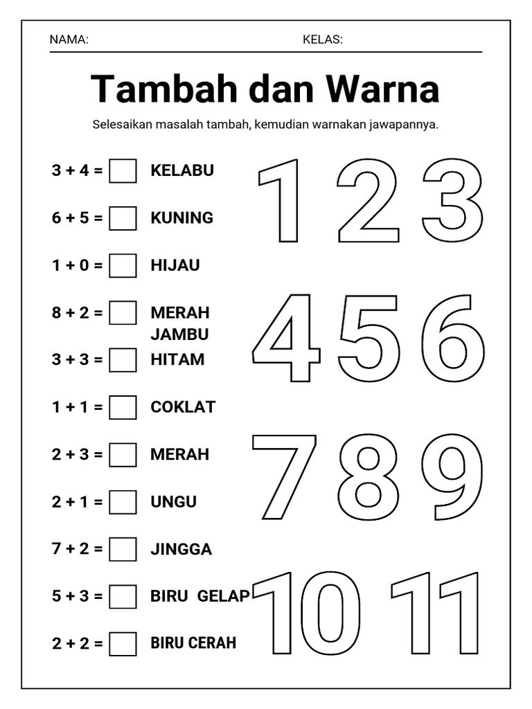 Solve Additions and Color Numbers Worksheet in Black and White Simple ...