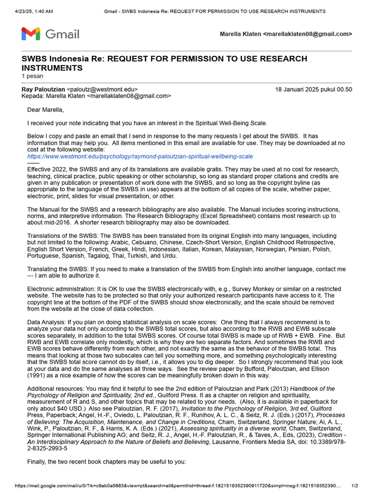 Gmail - Swbs Indonesia Re - Request For Permission To Use Research Instruments | PDF