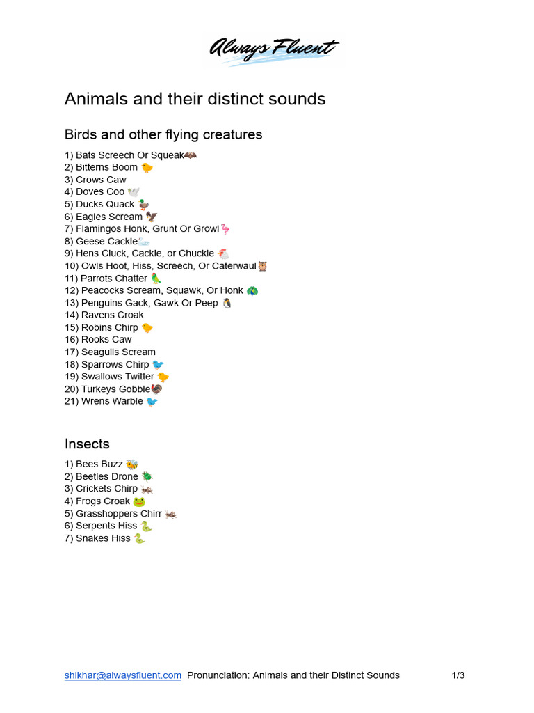 Animals and their distinct sounds | PDF | Zoology