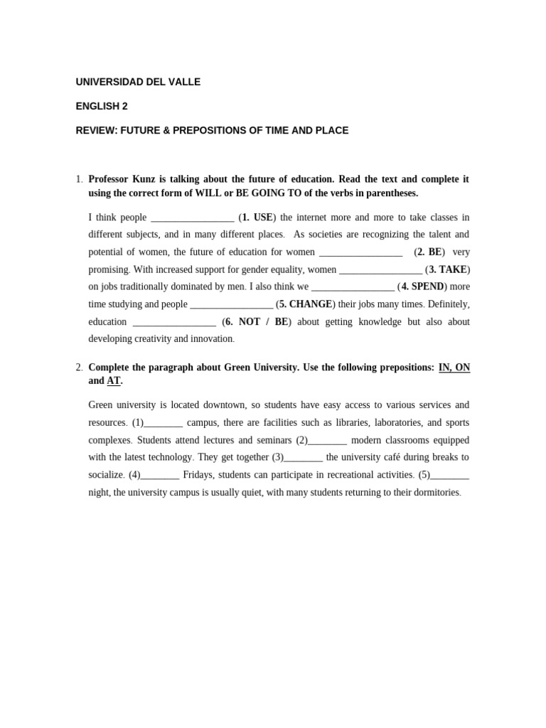 E2-Unit 1-Review - Future Prepositions of Time and Place | PDF