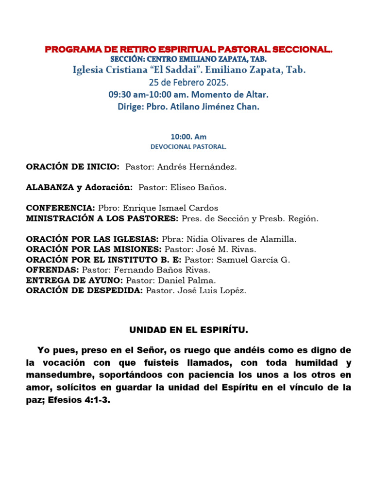 PROGRAMA DE RETIRO ESPIRITUAL PASTORAL SECCIONAL Febrero 2025 | PDF