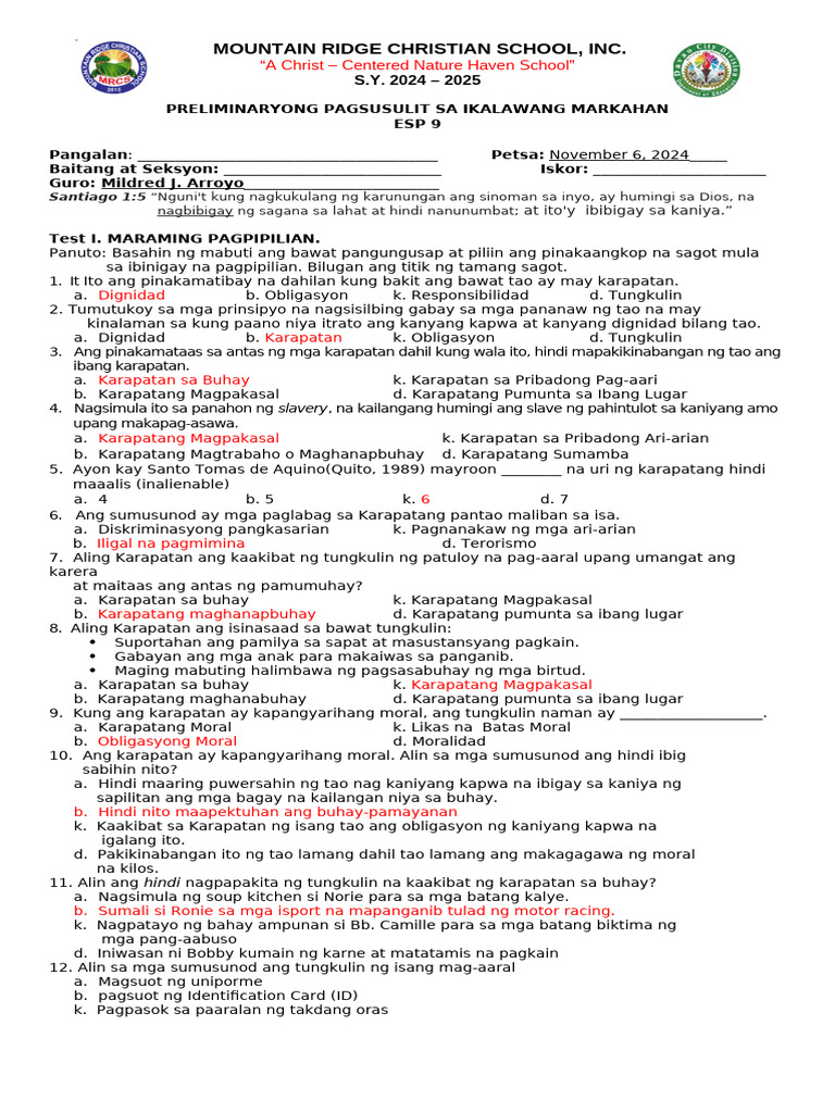 ESP With Answer Key | PDF