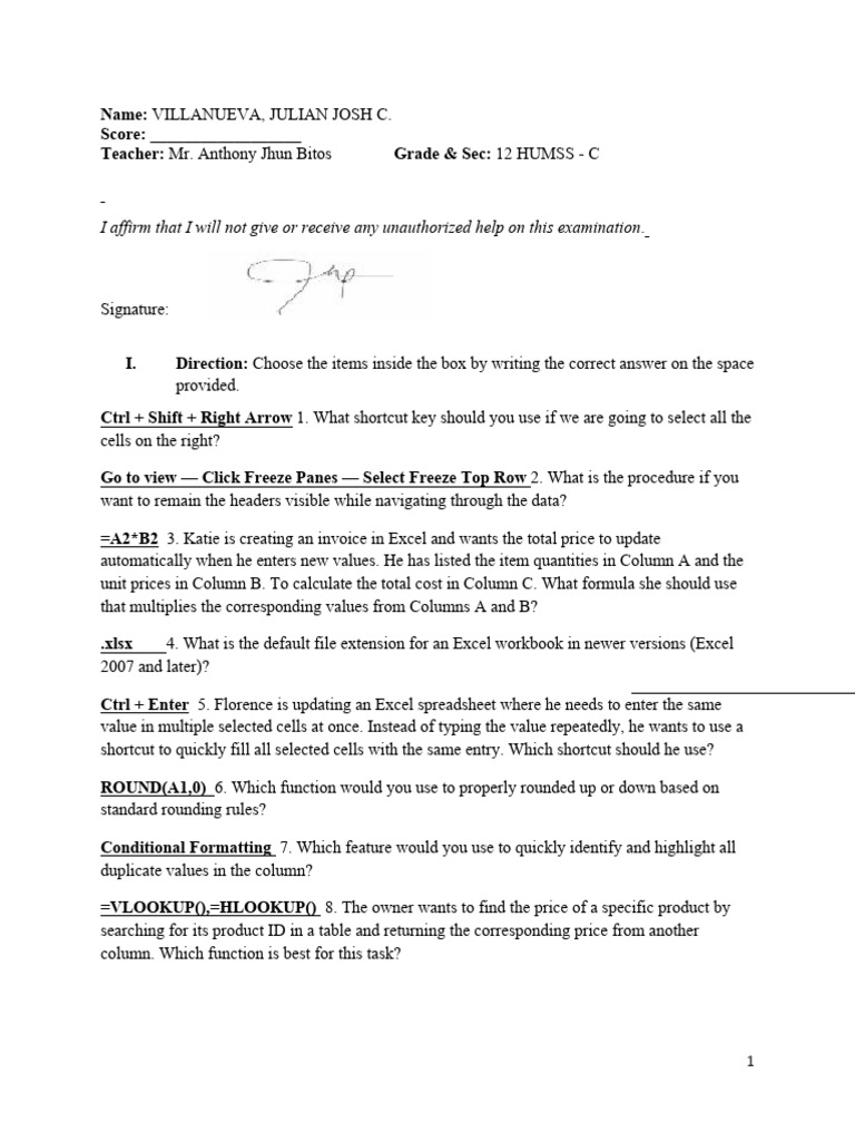 Villanueva, Julian Josh c | PDF | Microsoft Excel | Computing