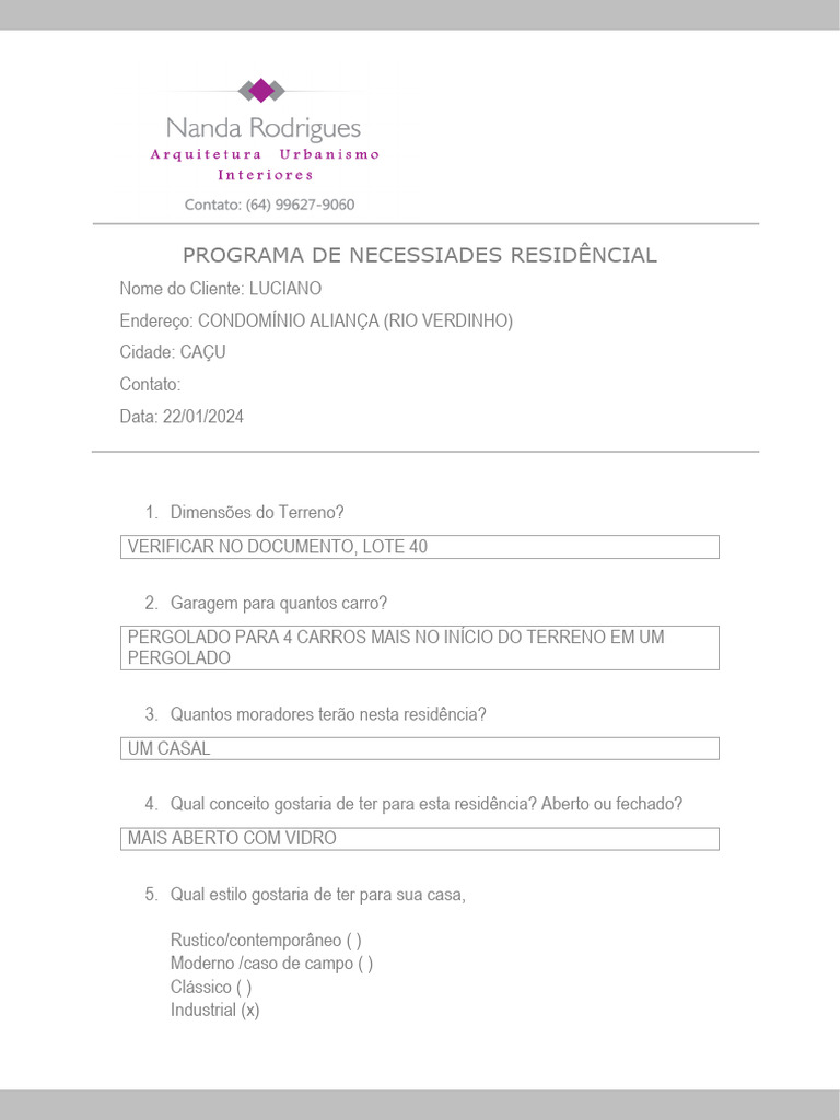 Programa de Necessidades Residencial Luciano | PDF
