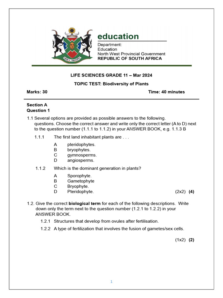 NW Grade 11 Topic Test 2 QP 2024 Eng | PDF | Flowers | Seed